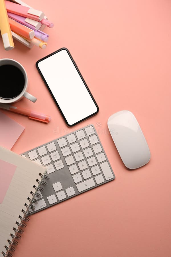 Pink Creative Study Table with Smartphone, Computer Keyboard, Coffee ...