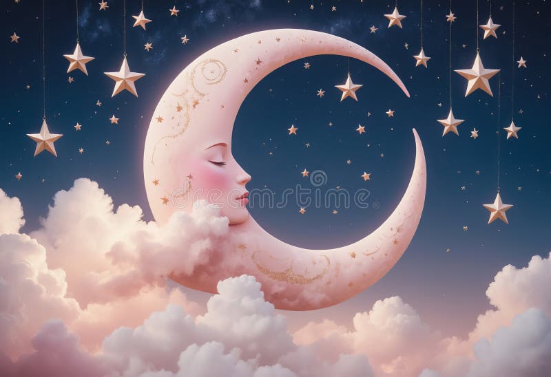 A Pink Crescent Moon with Stars Stock Illustration - Illustration of ...