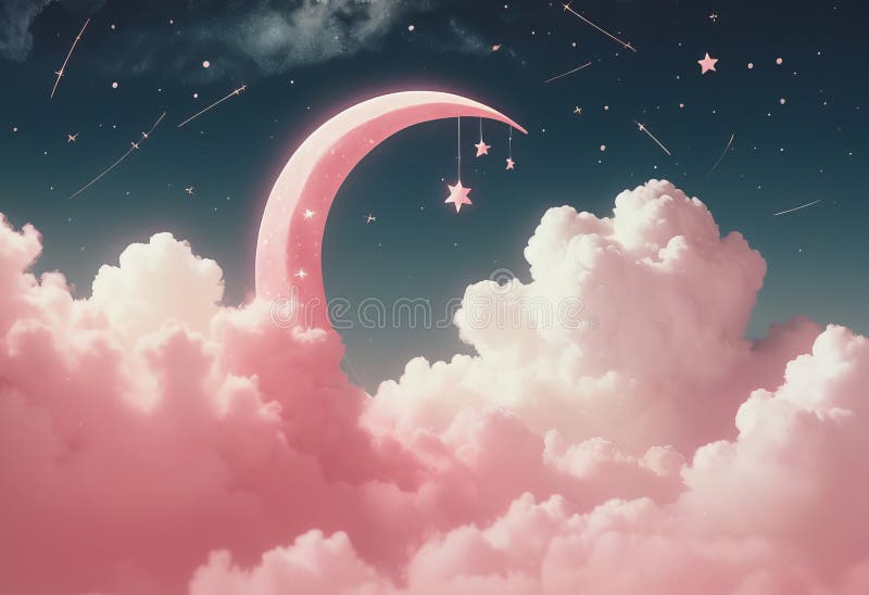 A Pink Crescent Moon with Stars Stock Illustration - Illustration of ...