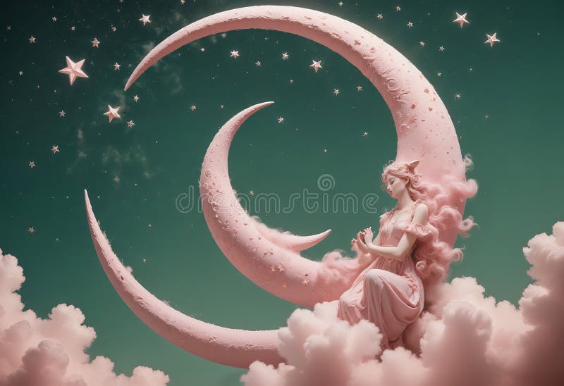 A Pink Crescent Moon with Stars Stock Illustration - Illustration of ...