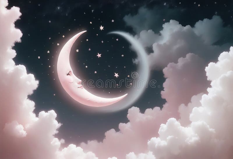 A Pink Crescent Moon with Stars Stock Illustration - Illustration of ...