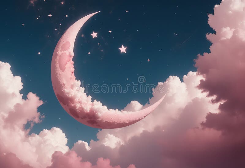 A Pink Crescent Moon with Stars Stock Illustration - Illustration of ...