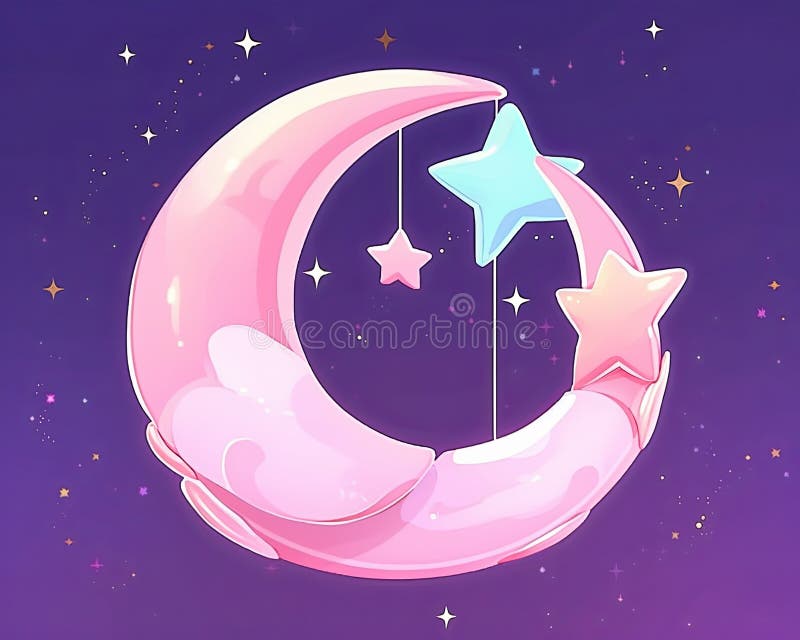 A Pink Crescent Moon with Stars Hanging from it Stock Illustration ...