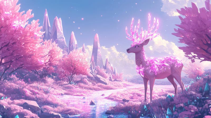 Pink Crystal Deer in a Magical Fantasy Forest Stock Illustration ...