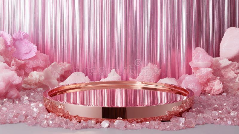 Pink Crystal Display with Round Copper Mirror Surrounded by Glittering ...
