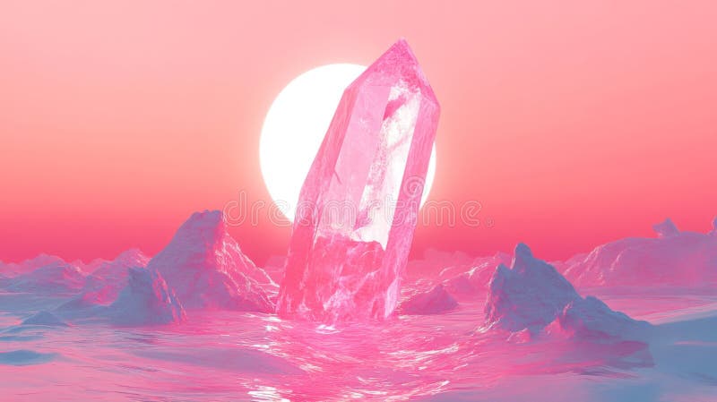 Pink Crystal Point on an Ice Surface with a Glowing Sunset Background ...