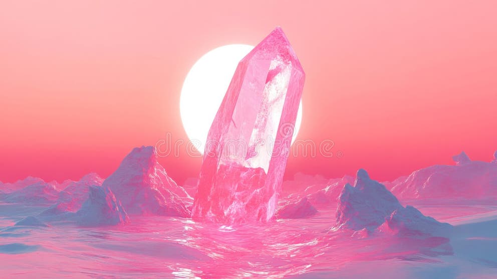 Pink Crystal Point on an Ice Surface with a Glowing Sunset Background ...