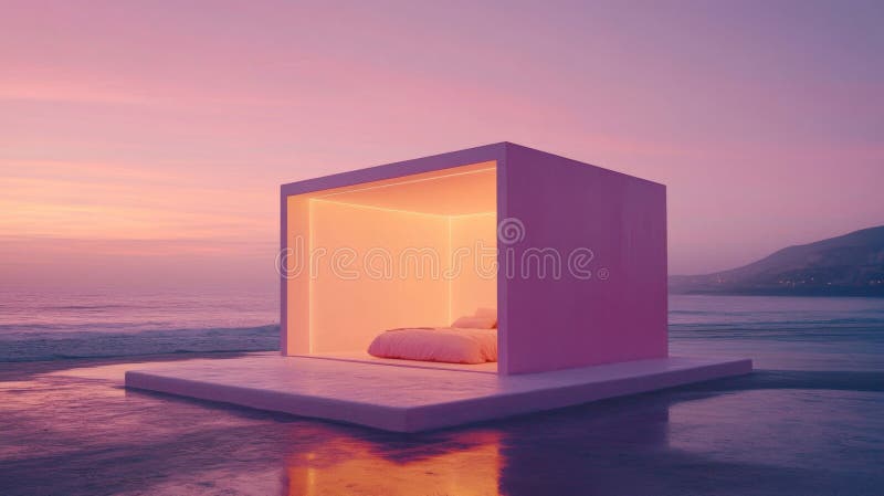 Pink Cube Bedroom on Beach at Sunset Stock Illustration - Illustration ...