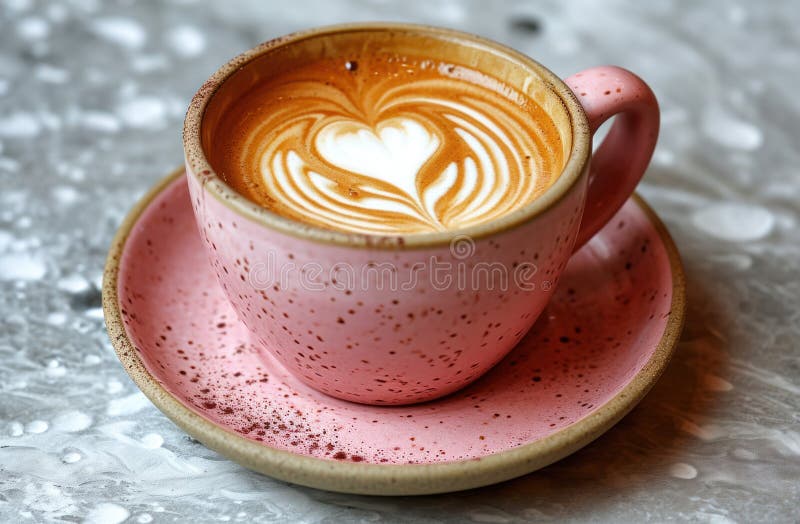 A Pink Cup of Coffee is Shown with a Heart Shaped Design on it Stock ...