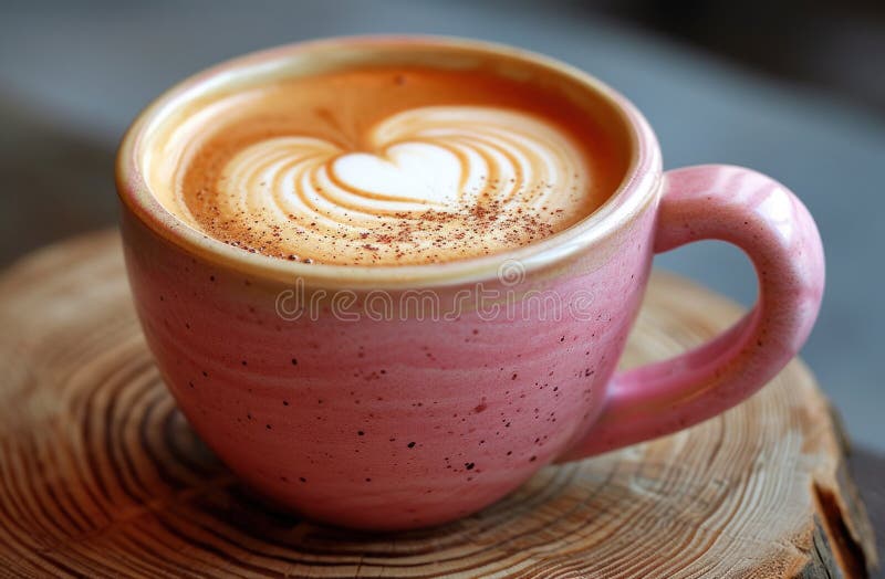 A Pink Cup of Coffee is Shown with a Heart Shaped Design on it Stock ...
