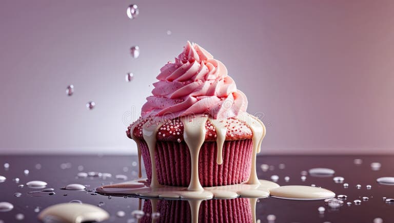 Pink Cupcake with Dripping Icing and Water Splashes Stock Photo - Image ...