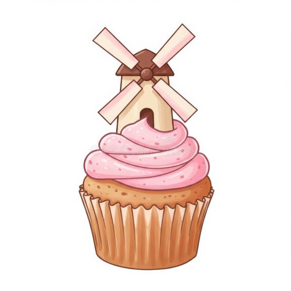 Pink Cupcake with Miniature Windmill Topping Stock Illustration ...