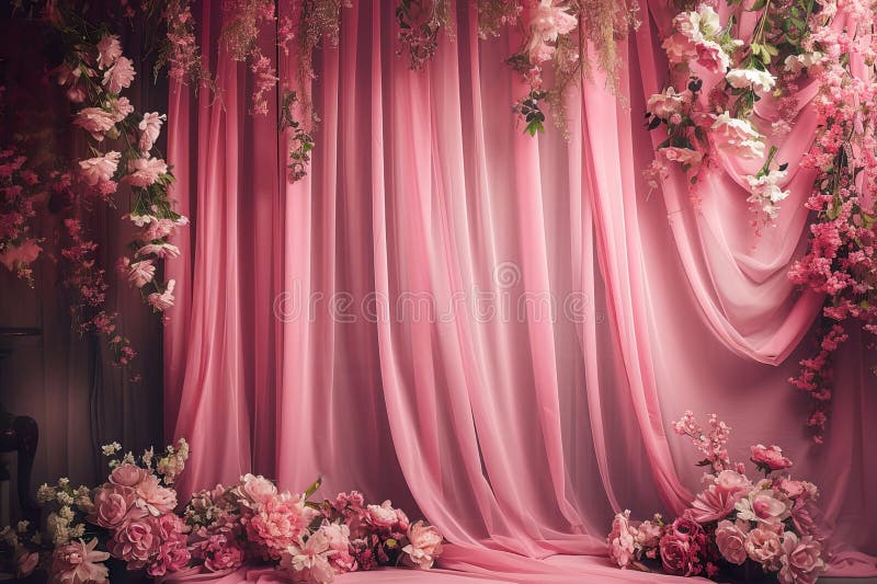 Pink Curtain Studio Backdrop with Delicate Floral Elements Stock ...