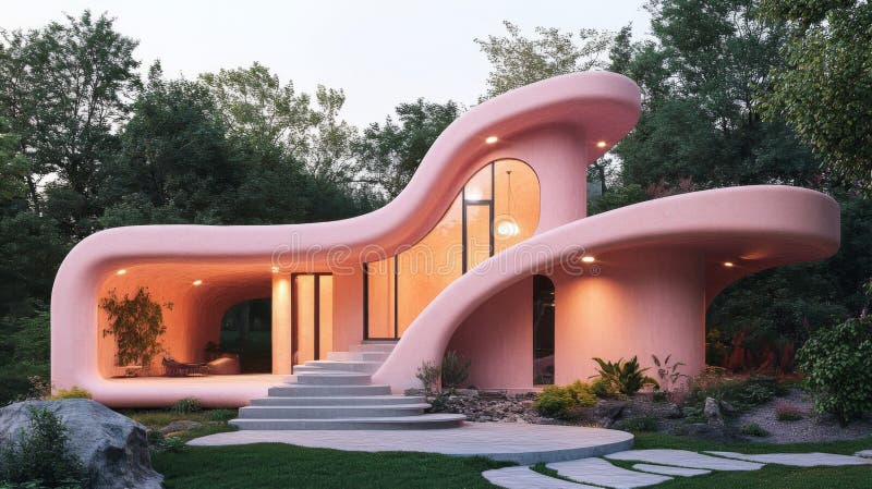 Pink Curved Modern House in Wooded Setting Stock Illustration ...