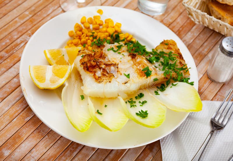 Pink Cusk-eel Fillet with Endive, Pickled Corn, Lemon and Greens Stock ...