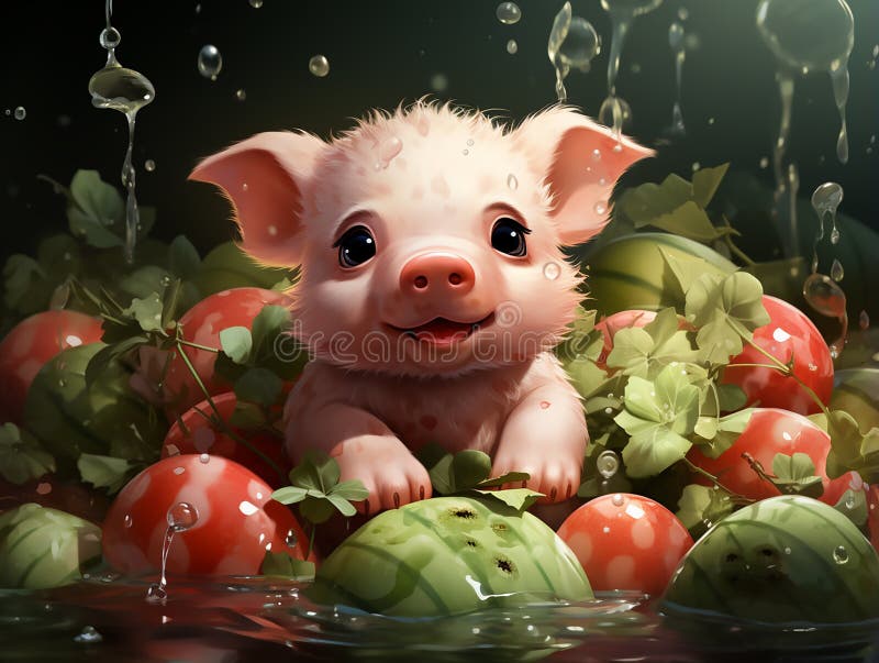 Pink Cute Pig Hiding in Watermelon Stock Illustration - Illustration of ...
