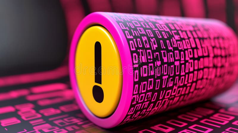 Pink Cylinder with Yellow Exclamation Point on Binary Code Background ...