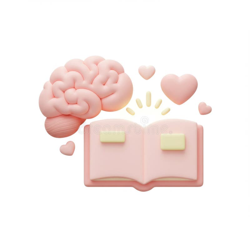 Pink 3D Render of Brain Book and Hearts Stock Illustration ...