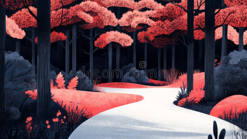 Pink and Dark Forest Path Digital Art Stock Illustration - Illustration ...
