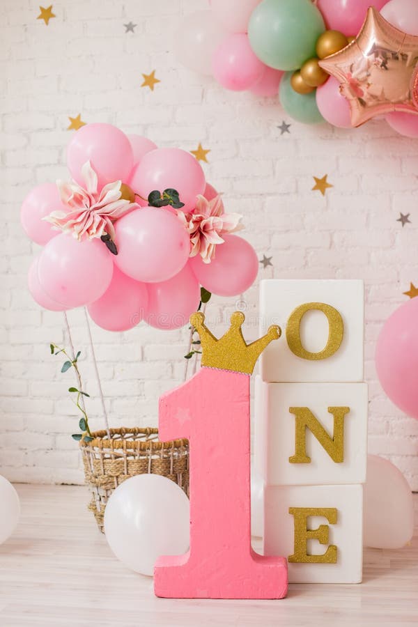 Pink Decor with Flowers for First Birthday Stock Image - Image of cake ...