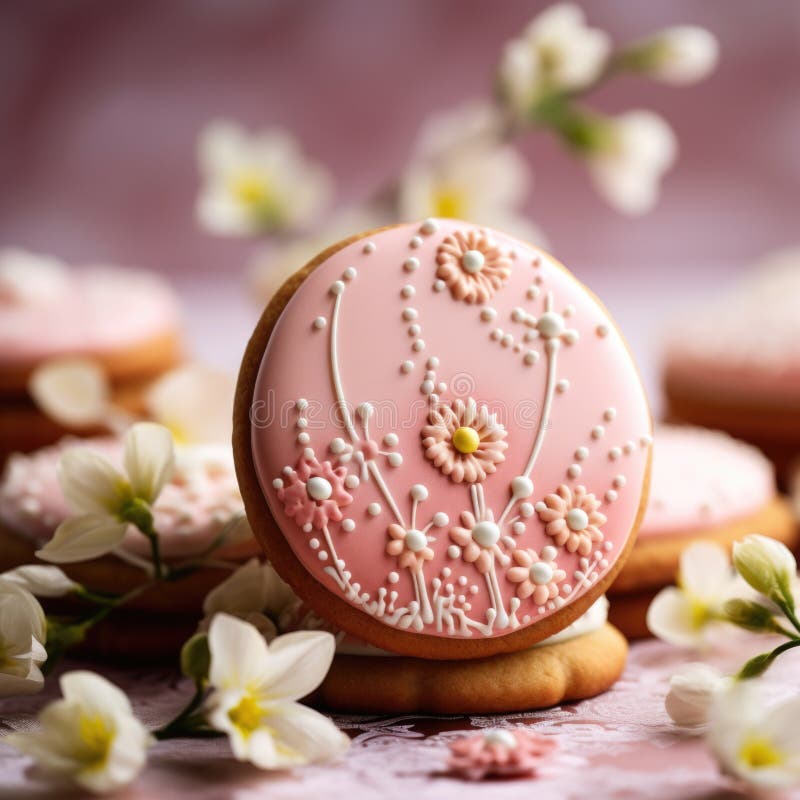 A Pink Decorated Cookie with White Flowers, AI Stock Illustration ...