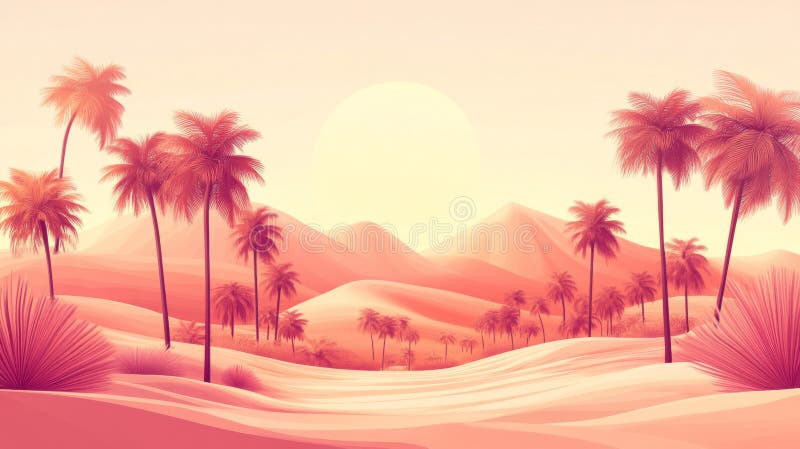 Pink Desert Sunset with Silhouette Palm Trees Stock Illustration ...