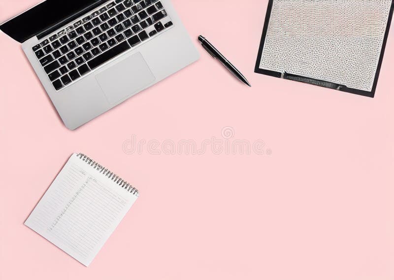 Pink Desk with Laptop and Pen and Free Space Stock Photo - Image of ...