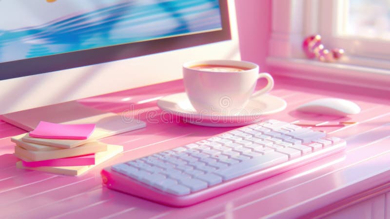 Pink Desk Setup with Coffee and Computer. Generative Ai Stock ...