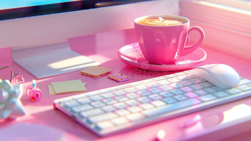 Pink Desk Setup with Coffee and Computer. Generative Ai Stock ...