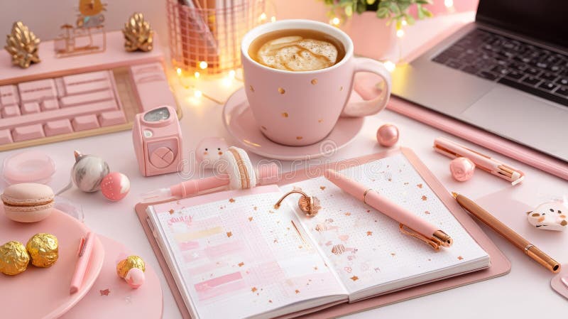 Pink Desk Setup with Laptop, Coffee, and Notebook, Essential Workspace ...