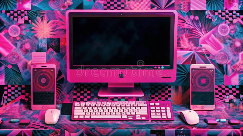 Pink Desktop Computer with Keyboard and Mouse Stock Illustration ...