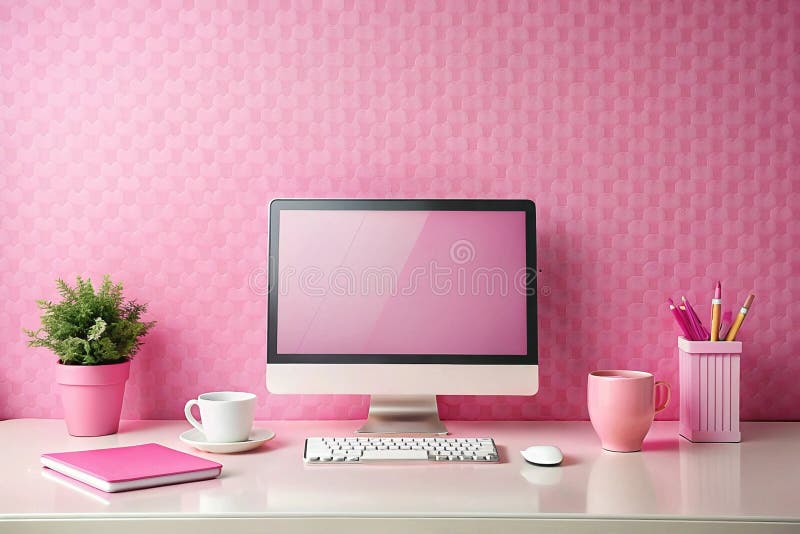 Pink Desktop Workspace, Computer Screen Mockup, Home Office, Geometric ...
