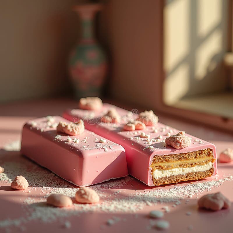 Pink Dessert Bars in Sunlit Kitchen with Creamy Layers and Decorative ...