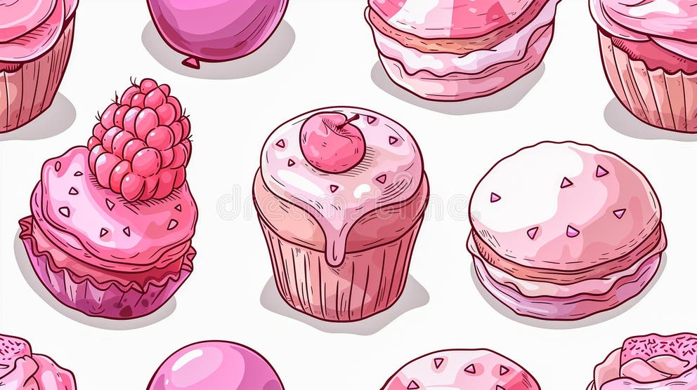 Pink Desserts Illustration Featuring Cupcakes and Macarons Stock ...