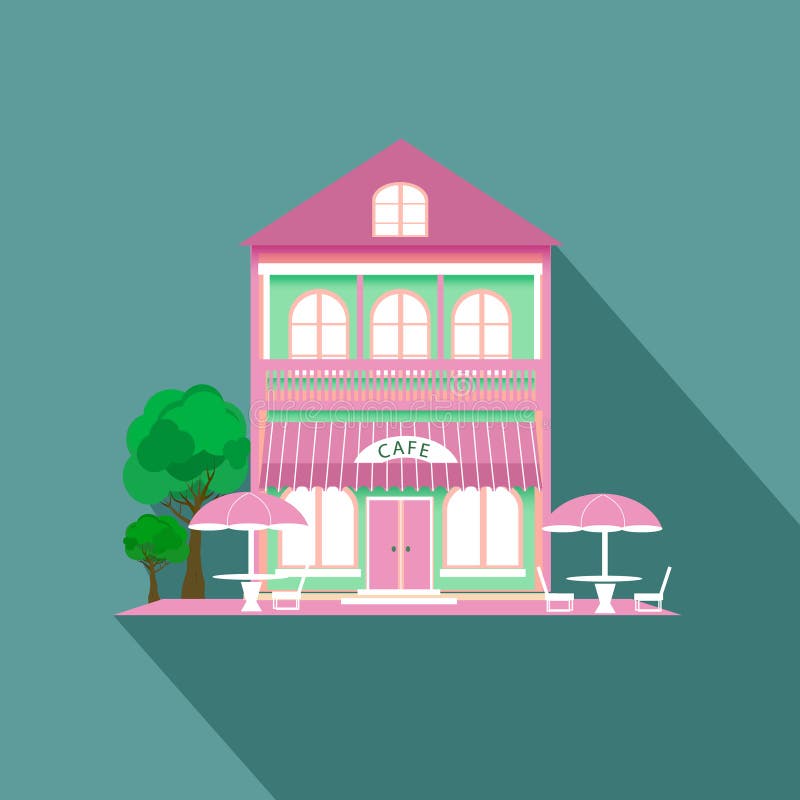 Pink Detailed Flat Cafe House with Long Shadow Stock Vector ...