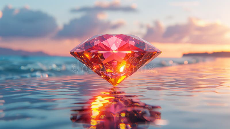 Pink Diamond Floats on Water at Sunset Sky Stock Illustration ...
