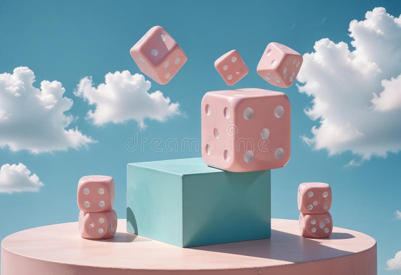 Pink Dice on Blue Platform with Cloudy Backdrop Stock Illustration ...