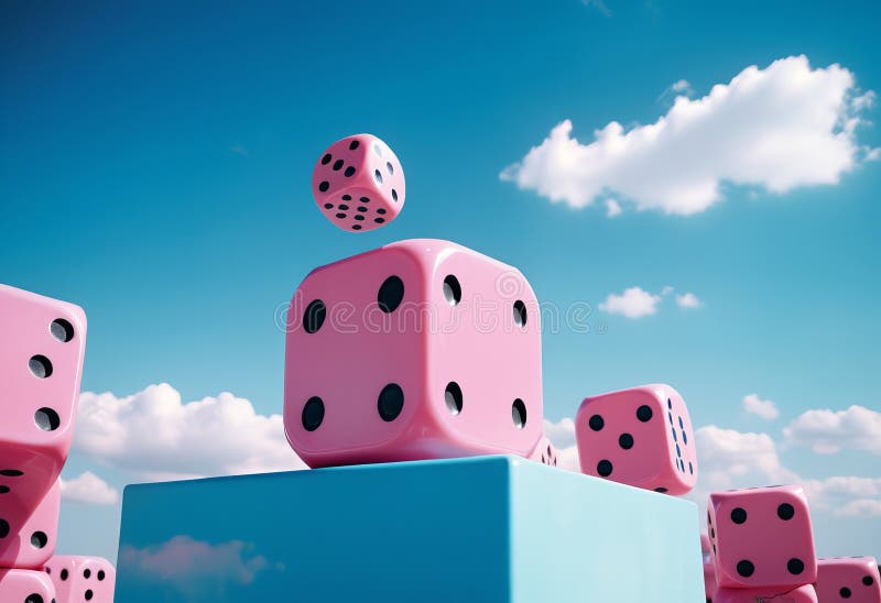 Pink Dice on Blue Platform with Cloudy Backdrop Stock Illustration ...