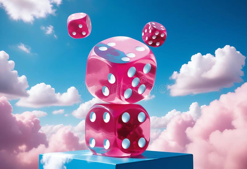 Pink Dice on Blue Platform with Cloudy Backdrop Stock Illustration ...