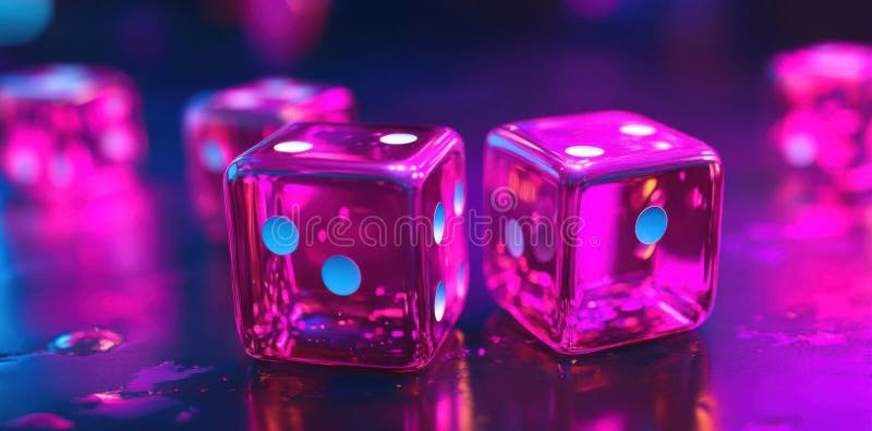 Pink Dice Rest on Surface with Neon Lights, Chance and Probability ...