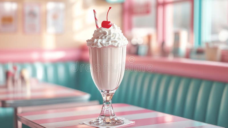 Pink Diner with Vanilla Milkshake and Cherry on Top, Retro Setting ...