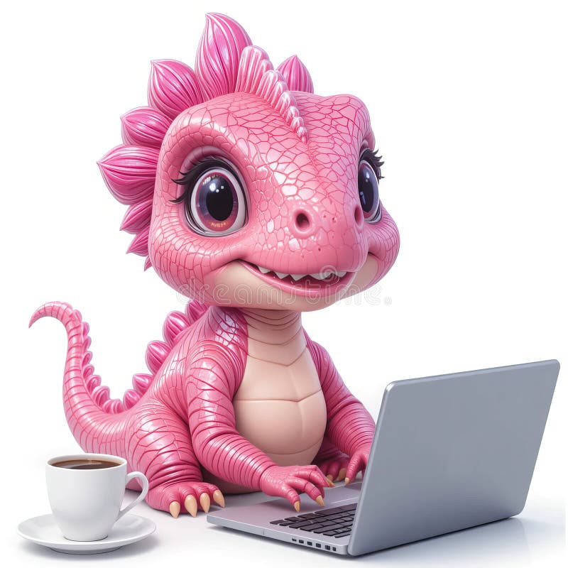 A Pink Baby Dinosaur is Learning To Play on the Computer. Stock ...