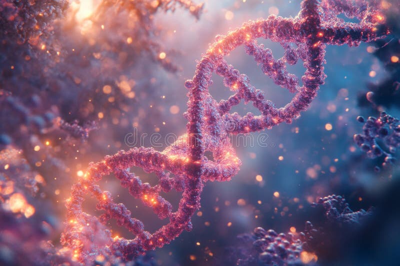 Pink Dna Helix Rotating, with Glowing Particles and a Blurred ...