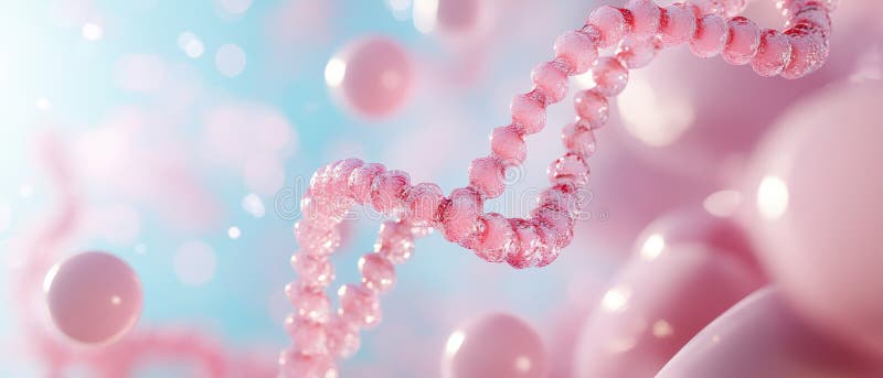 Pink DNA Strand Floating with Soft Spheres in a Light Blue Background ...