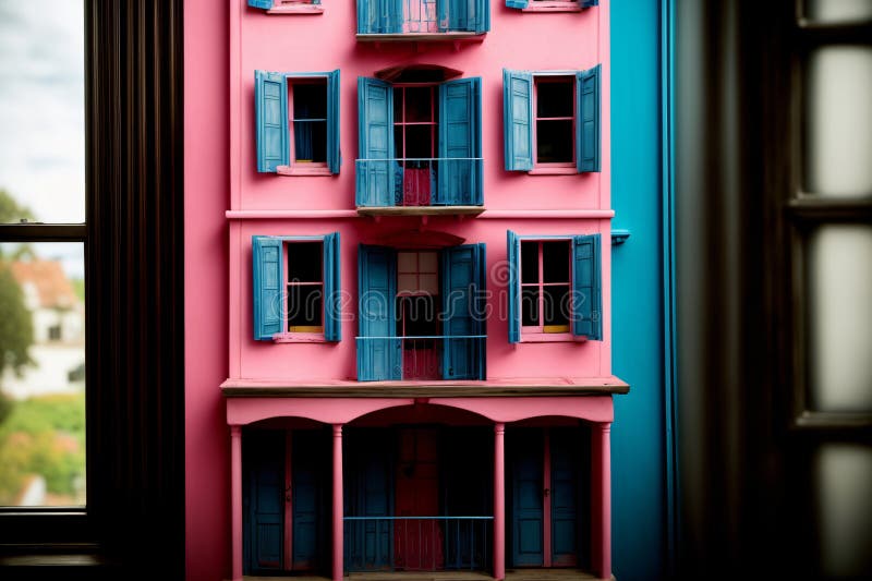 A Pink Doll House with Blue Shutters and Windows. Generative AI Stock ...