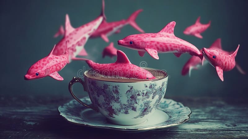 Pink Dolphins Leap into Teacup; Surreal Scene Stock Photo - Image of ...