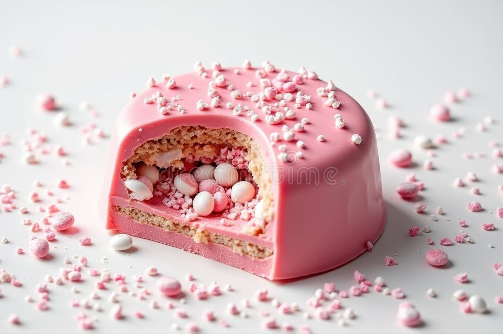 Pink Dome Cake with Candy Core and Crumb Topping on White Background ...