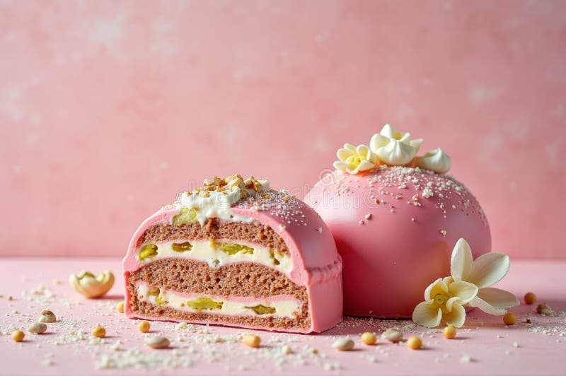 Pink Dome Cake with Floral Decorations and Pistachio Filling on Soft ...