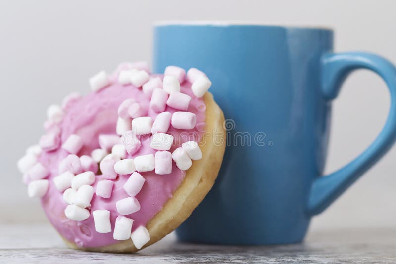 A Pink Donut and a Cup of Coffee Stock Image - Image of cake, plate ...