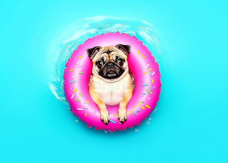 Cute Pug Floating Swimming Pool Pink Donut Ring Stock Photos - Free ...
